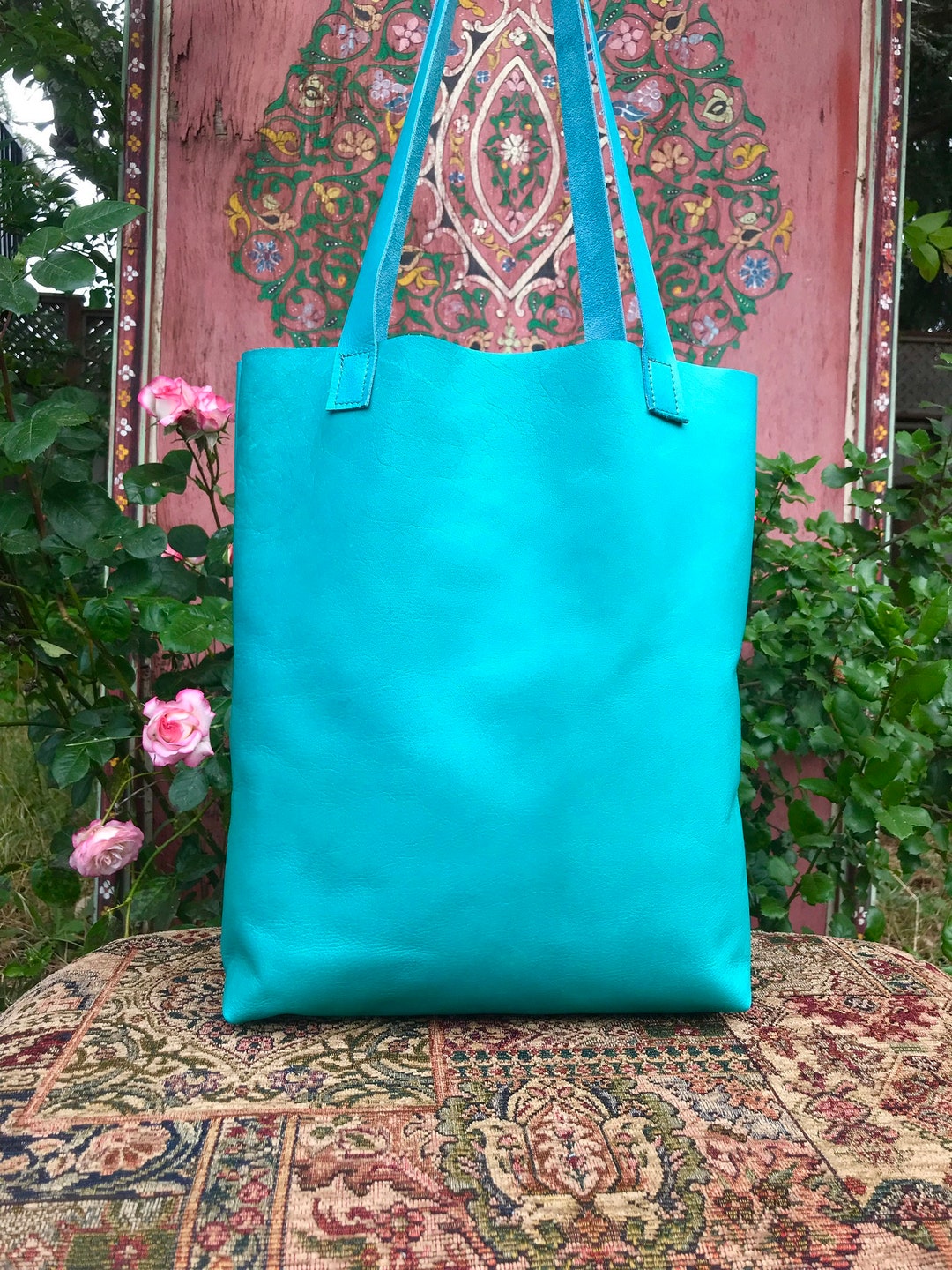 Leather Tote Bag, Turquoise Soft Leather, Handmade Purse, Market Bag ...