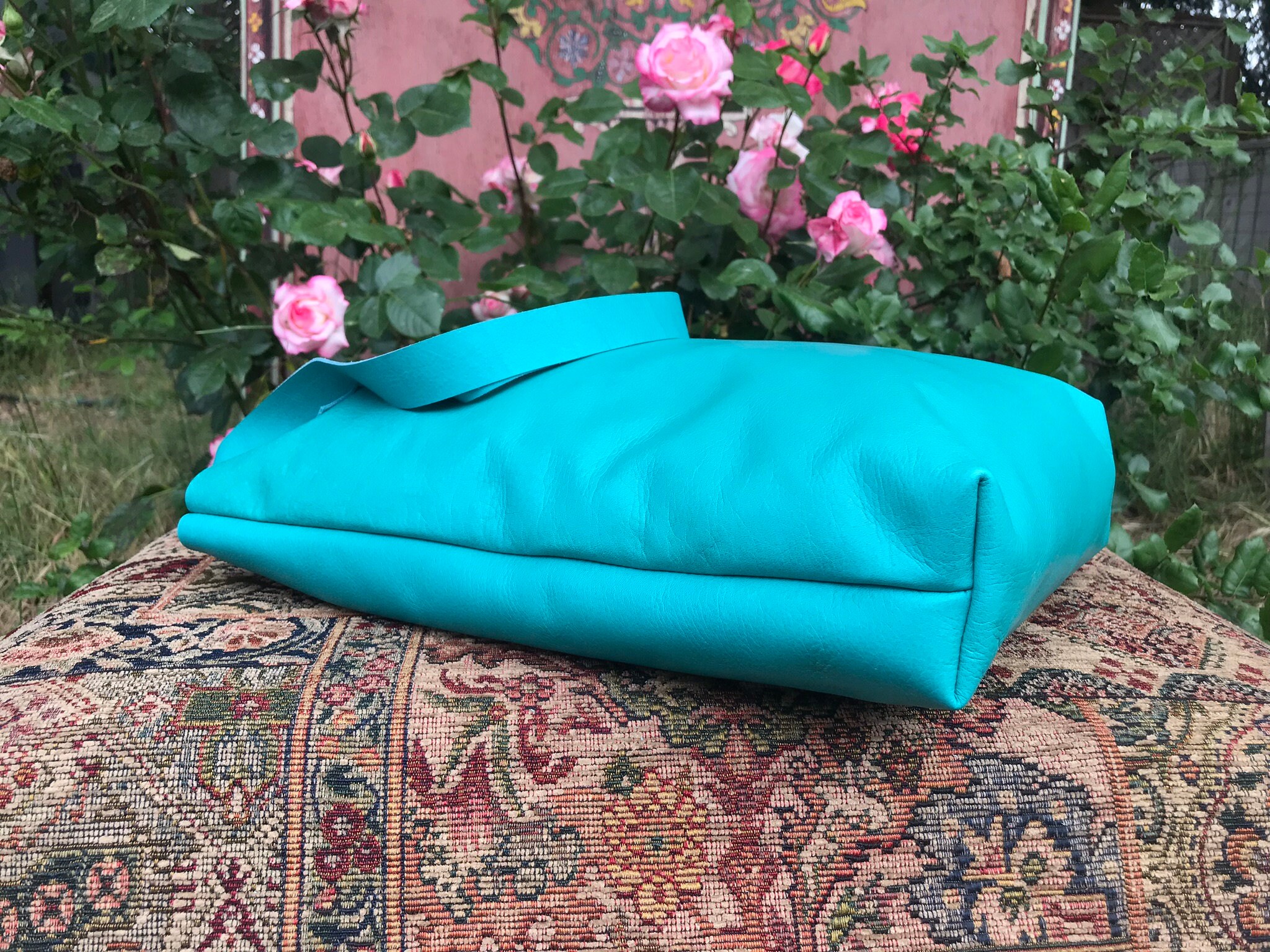 Leather Tote Bag, Turquoise Soft Leather, Handmade Purse, Market Bag ...