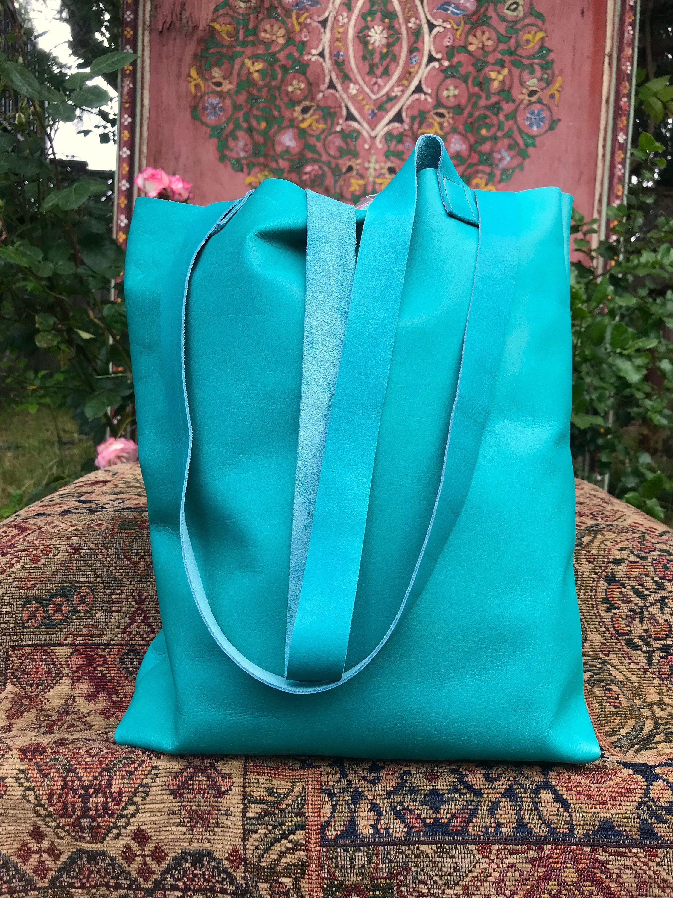 Leather Tote Bag, Turquoise Soft Leather, Handmade Purse, Market Bag ...