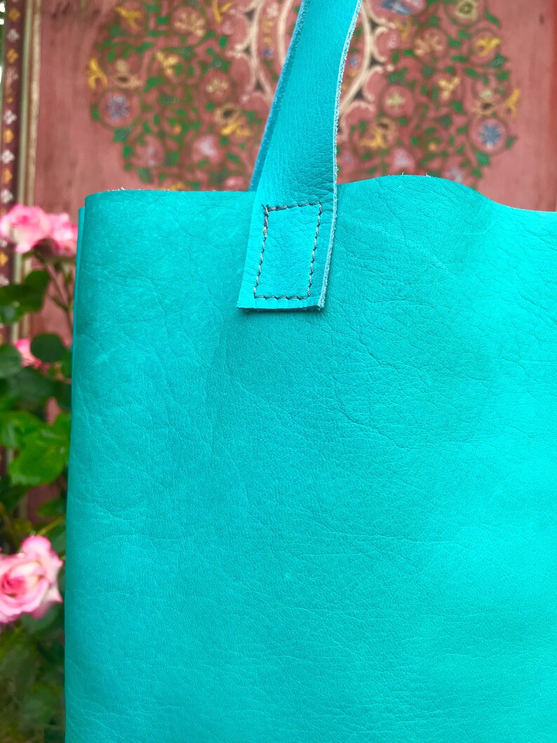 Leather Tote Bag, Turquoise Soft Leather, Handmade Purse, Market Bag ...