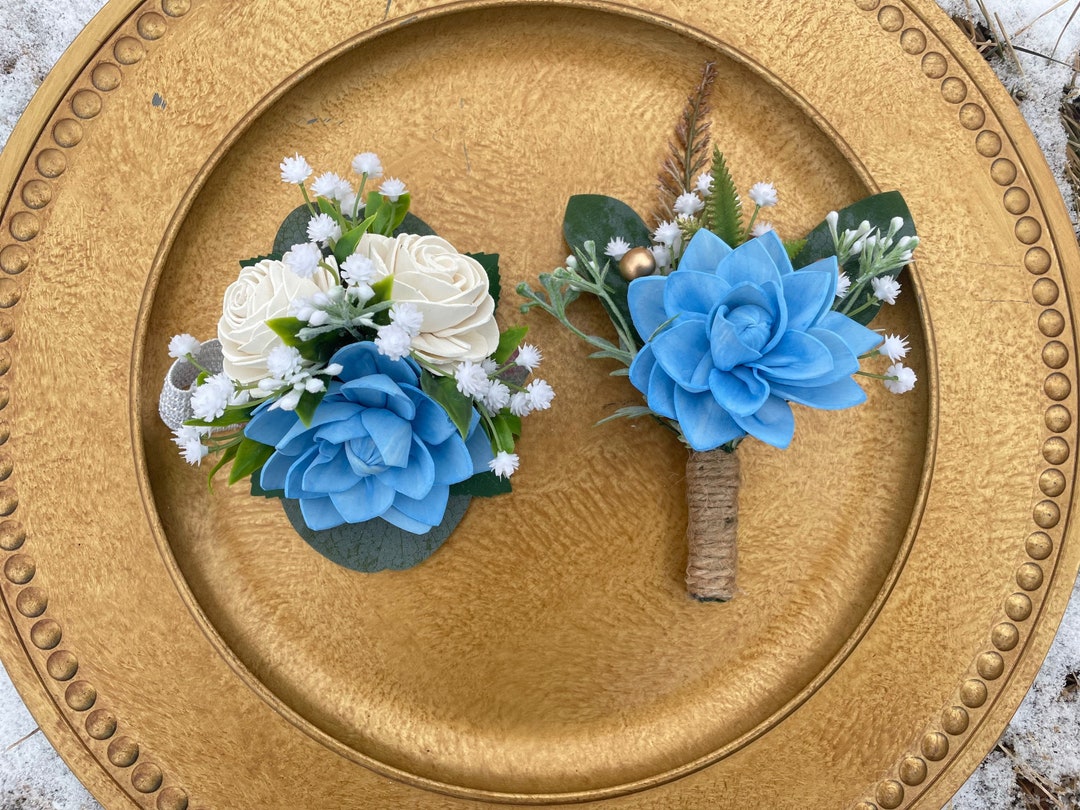 Baby Blue Wood Flower Boutonnières and Corsage, for Prom Corsage ...