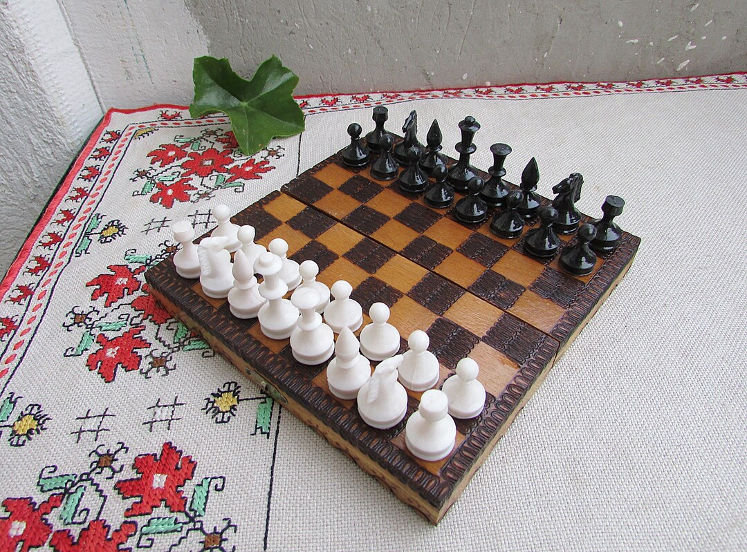 Vintage Wooden Chess Set 1980s, Small Chess Set With Plastic Pieces ...