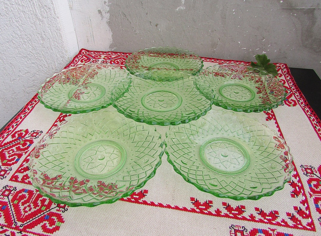 Set of 6 Vintage Green Glass Plates, Appetizer / Dessert Plates, Brown ...