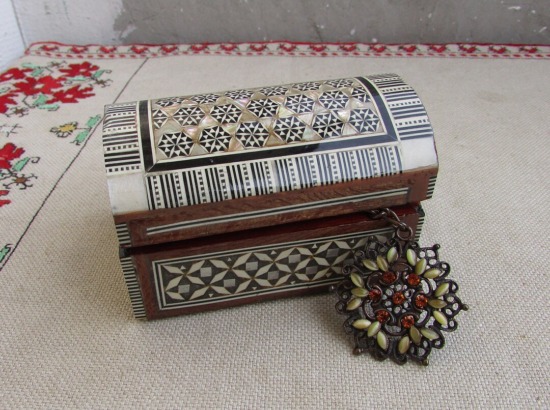 Vintage Wooden Jewelry Box, Handmade Wood Inlaid Box, Inlay Wood ...