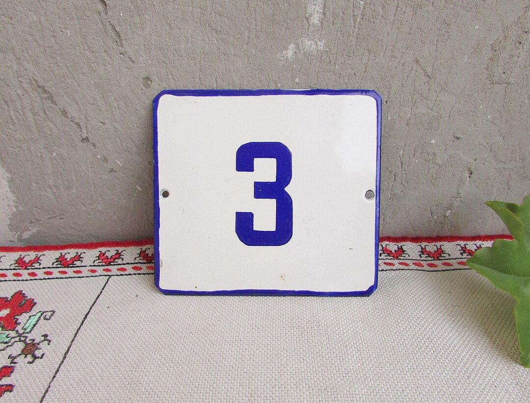 Vintage White and Blue Enamel House Number, Door Number 3, White Enamel ...