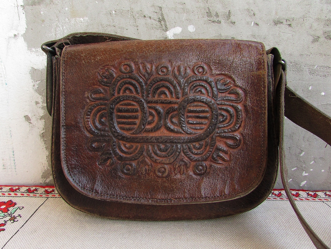 Vintage Brown Genuine Leather Shoulder Handbag, Women Brown Tooled ...