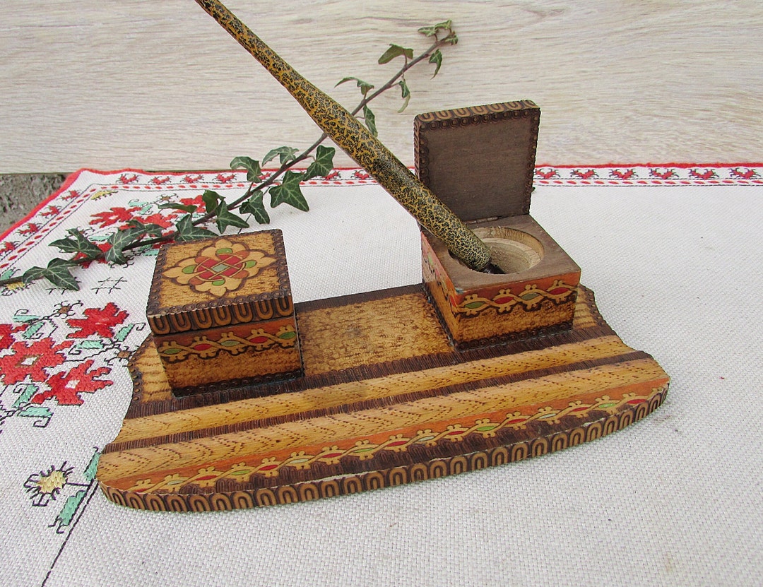 Rare Vintage Wooden Desk Inkwells 1970's, Handmade and Hand-painted ...