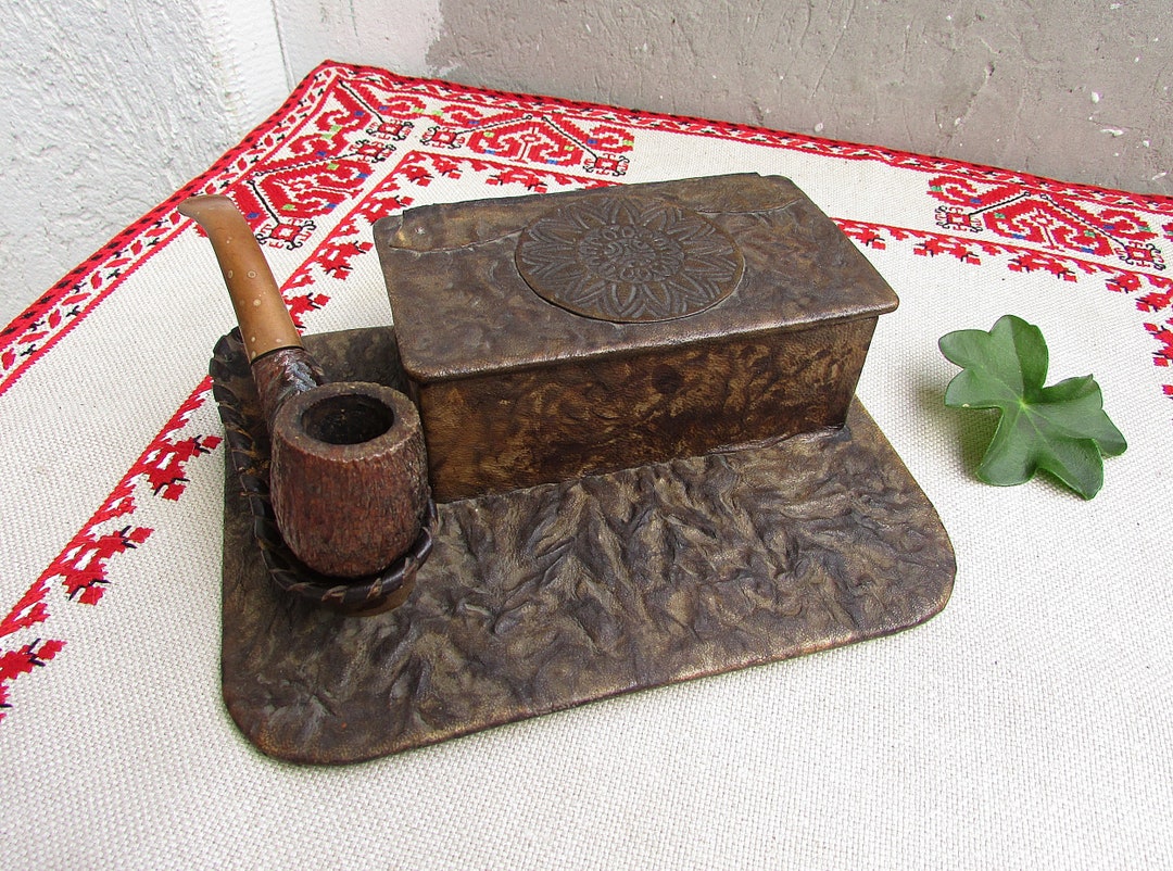 Vintage Handmade Set of Tobacco Smoking Pipe, Leather Tray, Leather ...