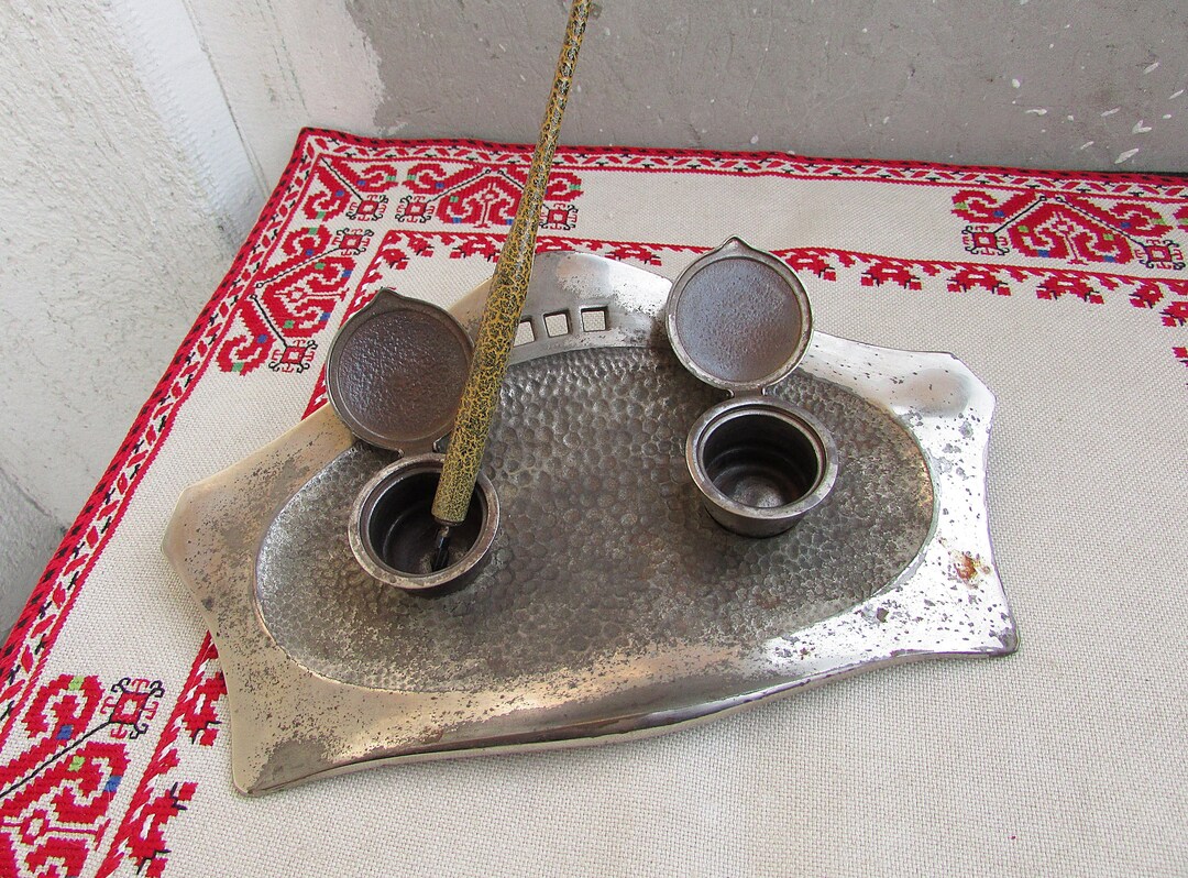 Rare Antique Brass Desk Inkwell 1930's, Vintage Handmade Metal Ink Pot ...