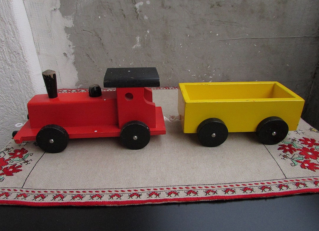 Vintage Painted Wood Toy Train, Locomotive and Carriage - Etsy