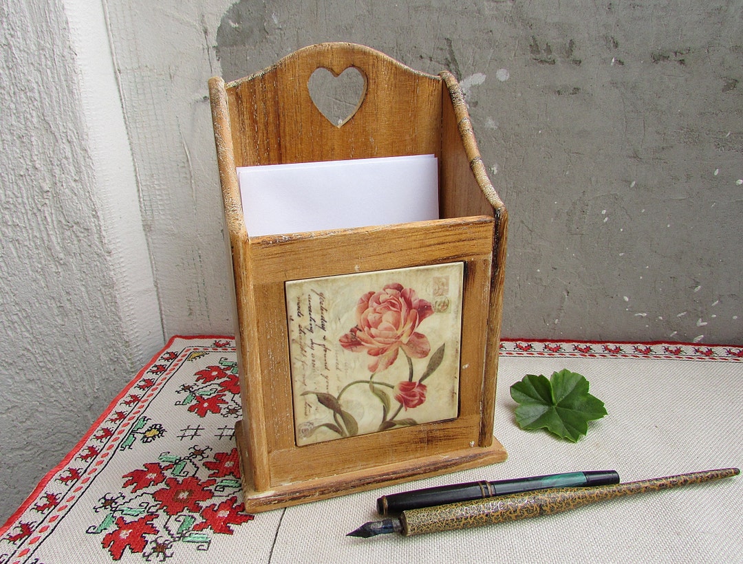 Vintage Wooden Letter Box, Wood Letter Holder With Flower Motif, Post ...
