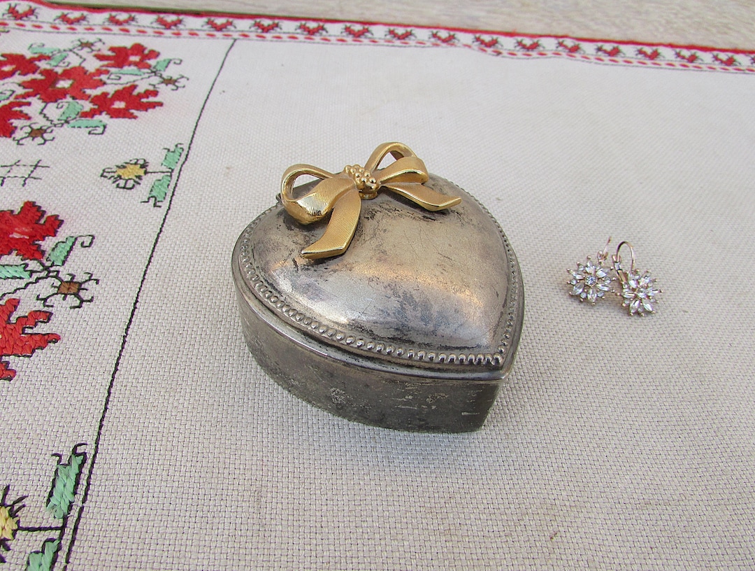 Vintage Silver Color Heart Shaped Jewelry Box, Heart Jewelry Box 70s ...