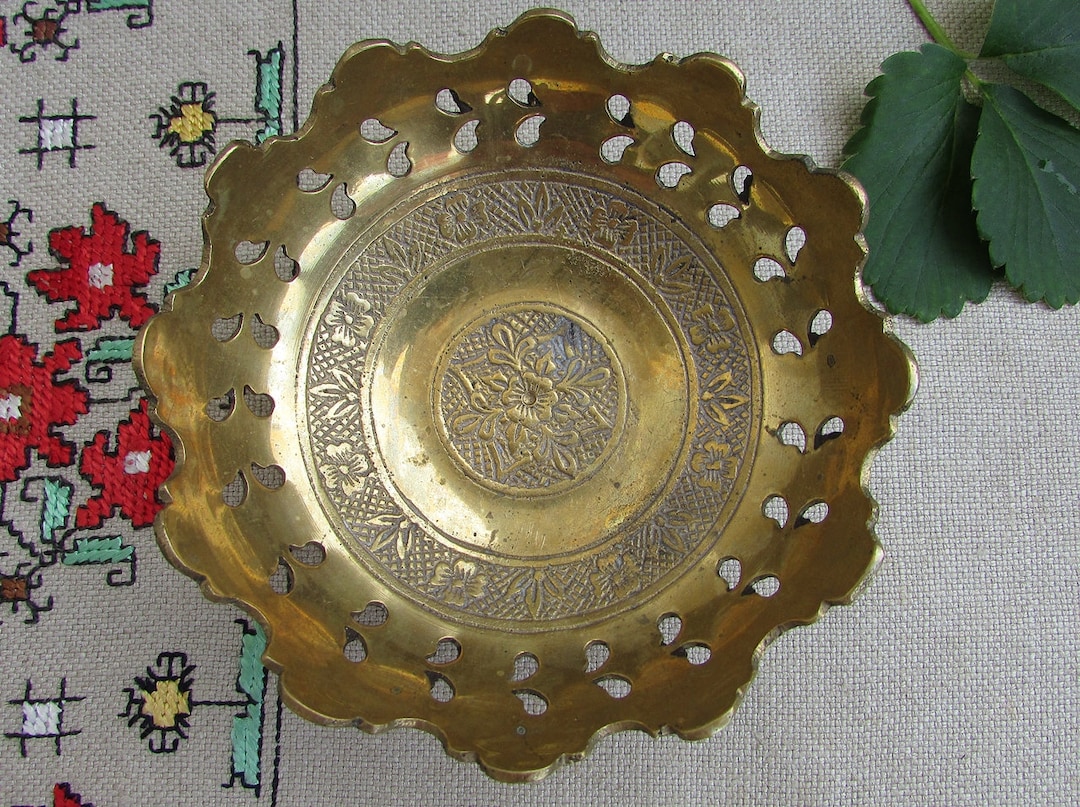 Rare Vintage Brass Footed Bowl, Brass Pedestal Bowl, Floral Bowl With ...