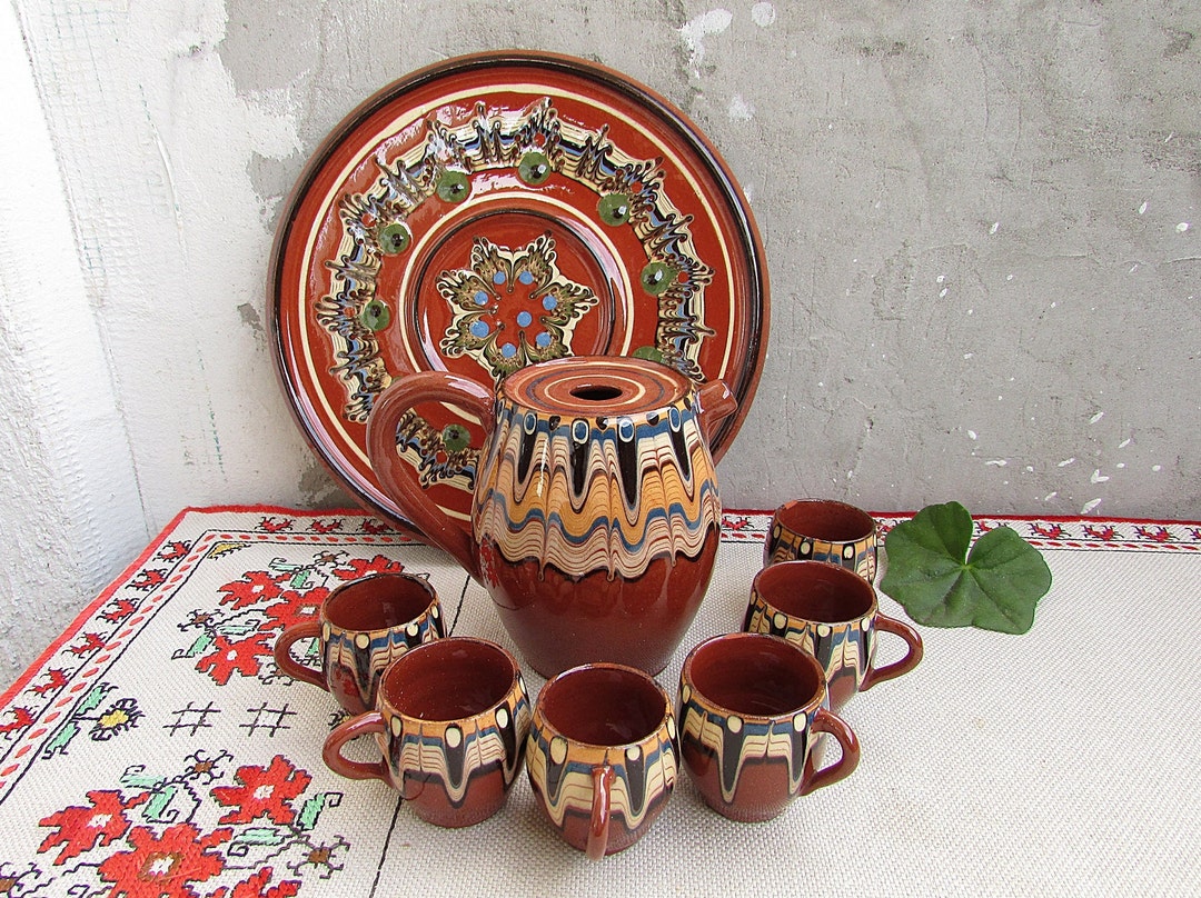 Vintage Glazed Ceramic Set, Vintage Pitcher/jug, 6 Cups and Plate ...