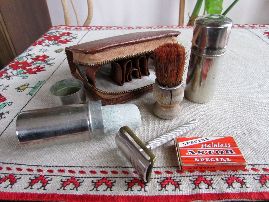 Vintage Travel Shaving Set, Brown Leather Case, Vintage Travel Kit, Men ...