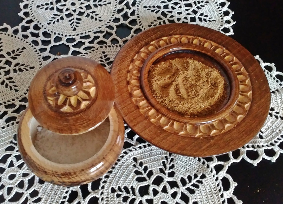 Vintage Wooden Salt Shaker and Little Dish for Spices Carved - Etsy