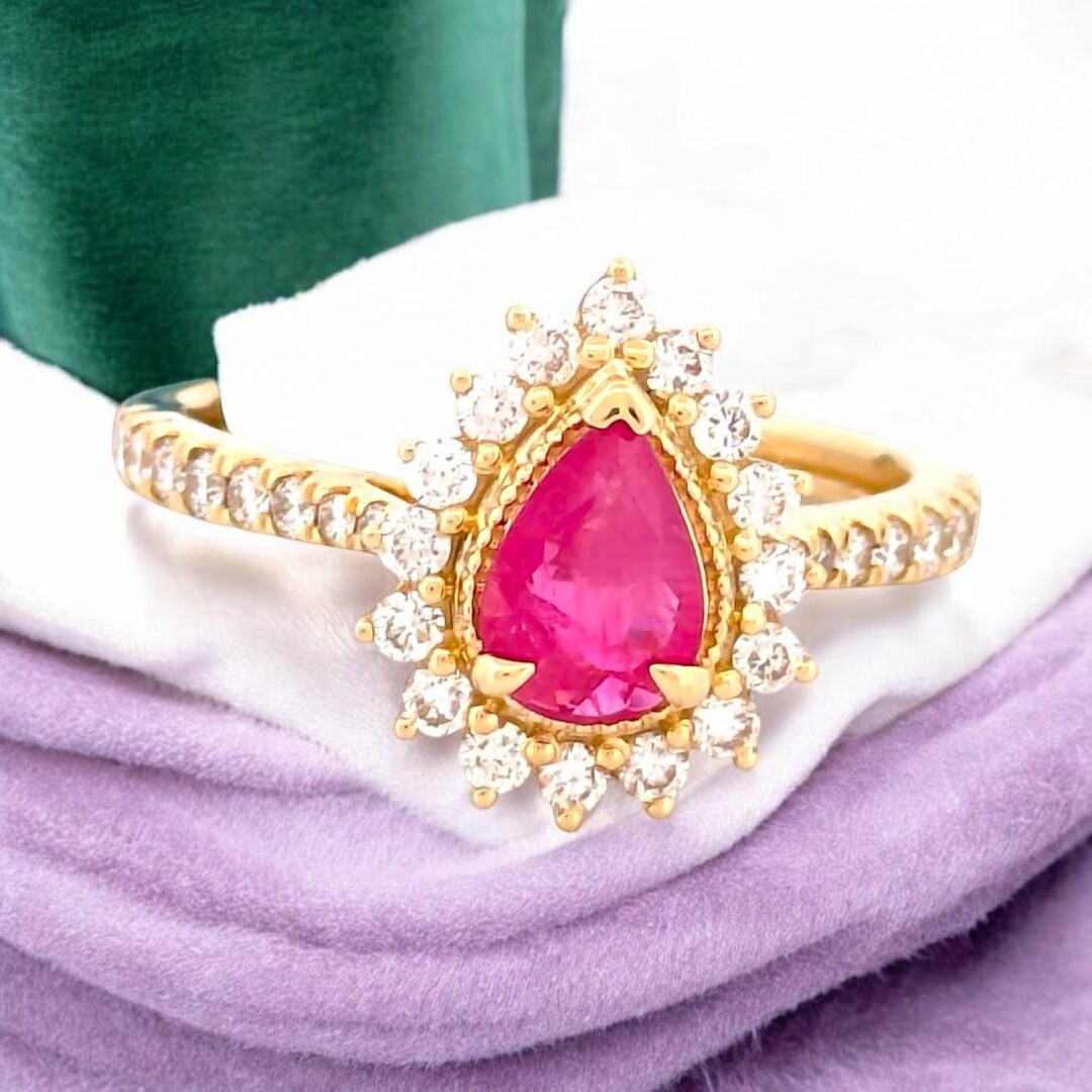 Monica 14k Yellow Gold Halo Pear Cut Ruby Ring .75 Carat Pear Cut Ruby ...