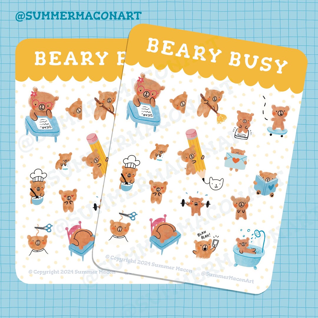 Beary Busy Sticker Sheet - One Sheet - Cute Watercolor Style Boho - Etsy