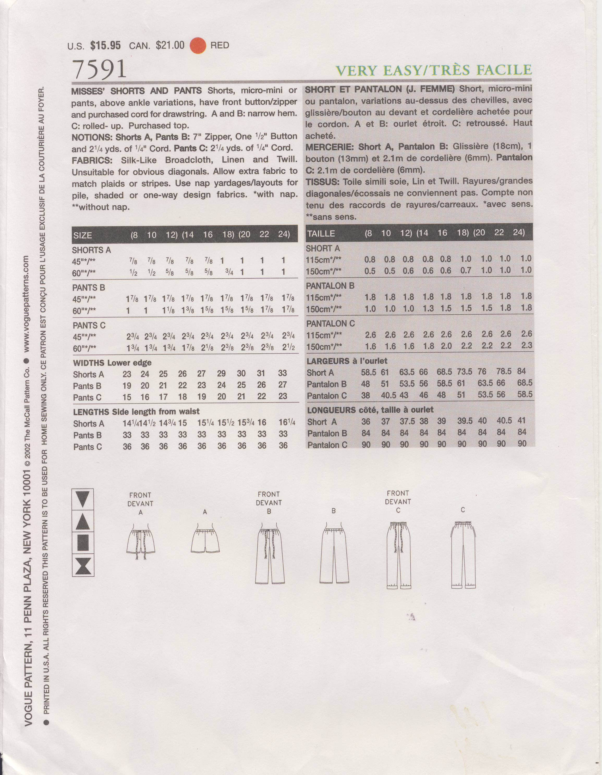 VOGUE Shorts and Pants Sewing Pattern - VOGUE 7591 - Size 14 16 18 ...