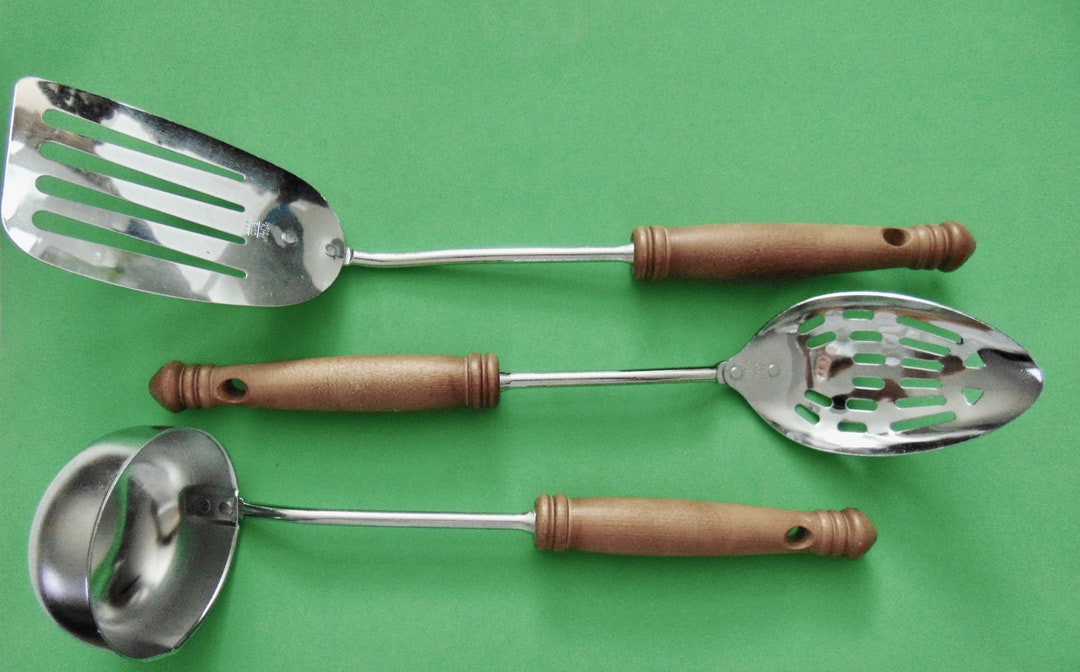 Set of 3 Ekco Chromium Utensils, Turner, Spoon, Ladle, Wood Handles ...