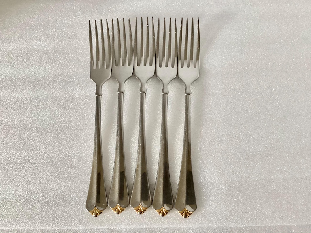 Oneida Golden Juilliard 5 Stainless Dinner Forks Vintage Flatware Cube ...