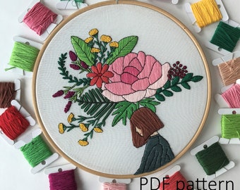 Girl and flowers 3. Hand Embroidery pattern PDF. Embroidery | Etsy