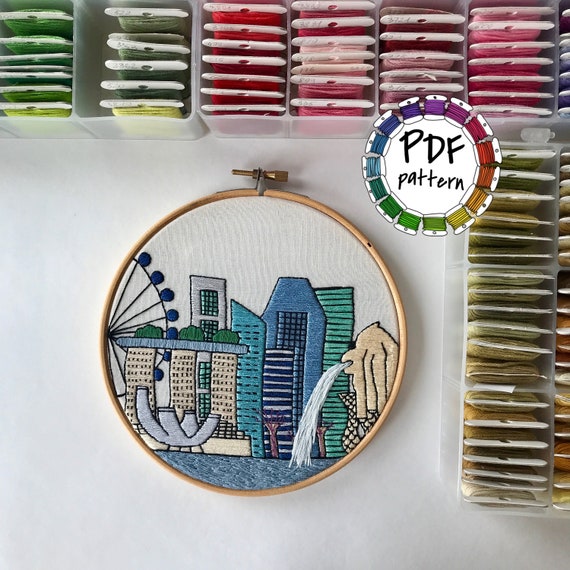 Singapore. Hand Embroidery pattern PDF. DIY Embroidery Hoop | Etsy