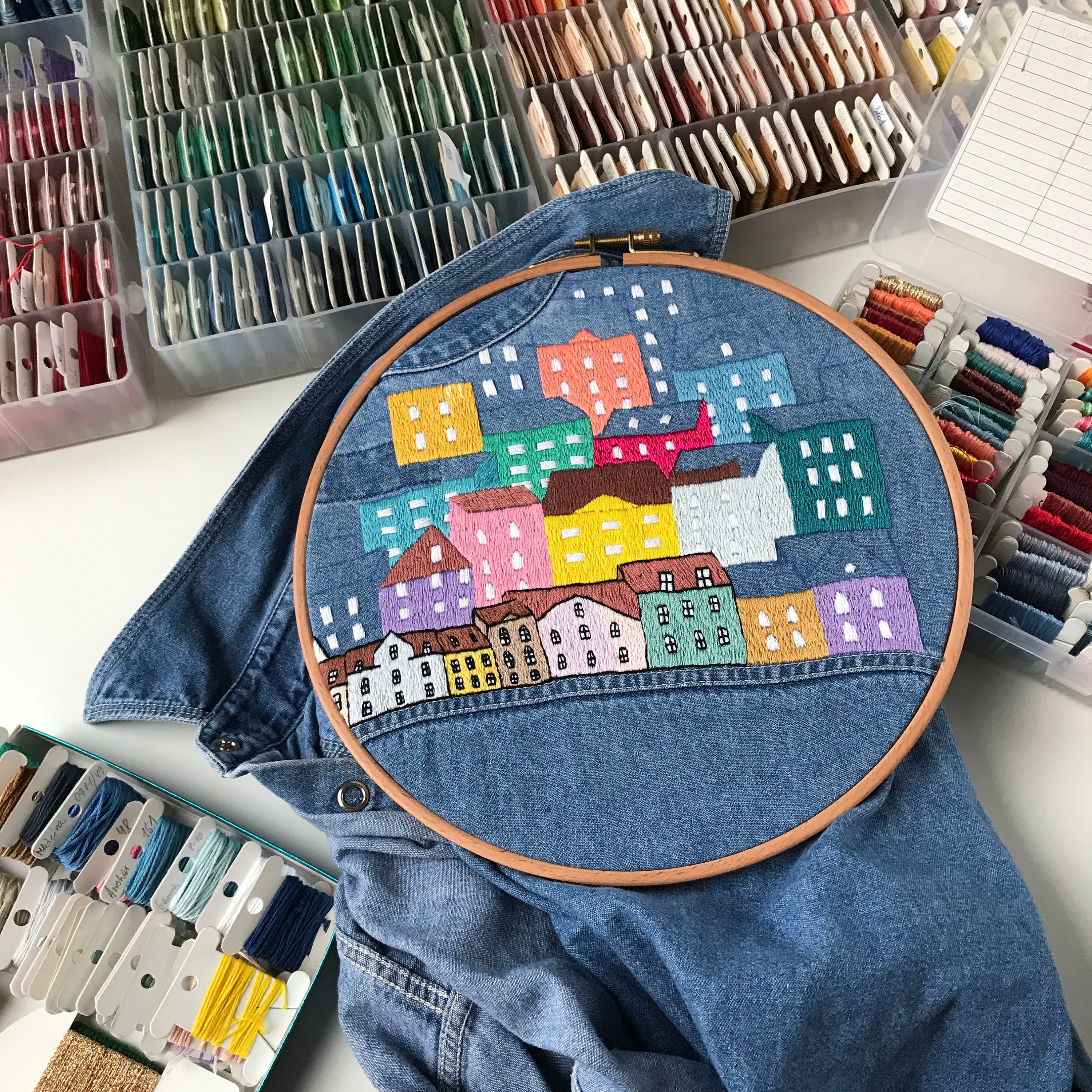 Colorful Houses Embroidery Pattern: DIY Denim Jacket Upcycling ...