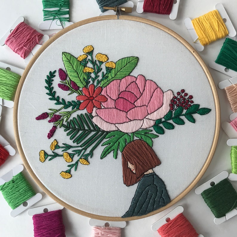 Girl and Flowers. Hand Embroidery Pattern PDF. DIY. Embroidery | Etsy