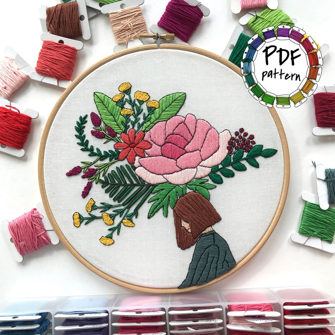 Girl and Flowers. Hand Embroidery Pattern PDF. DIY. Embroidery | Etsy