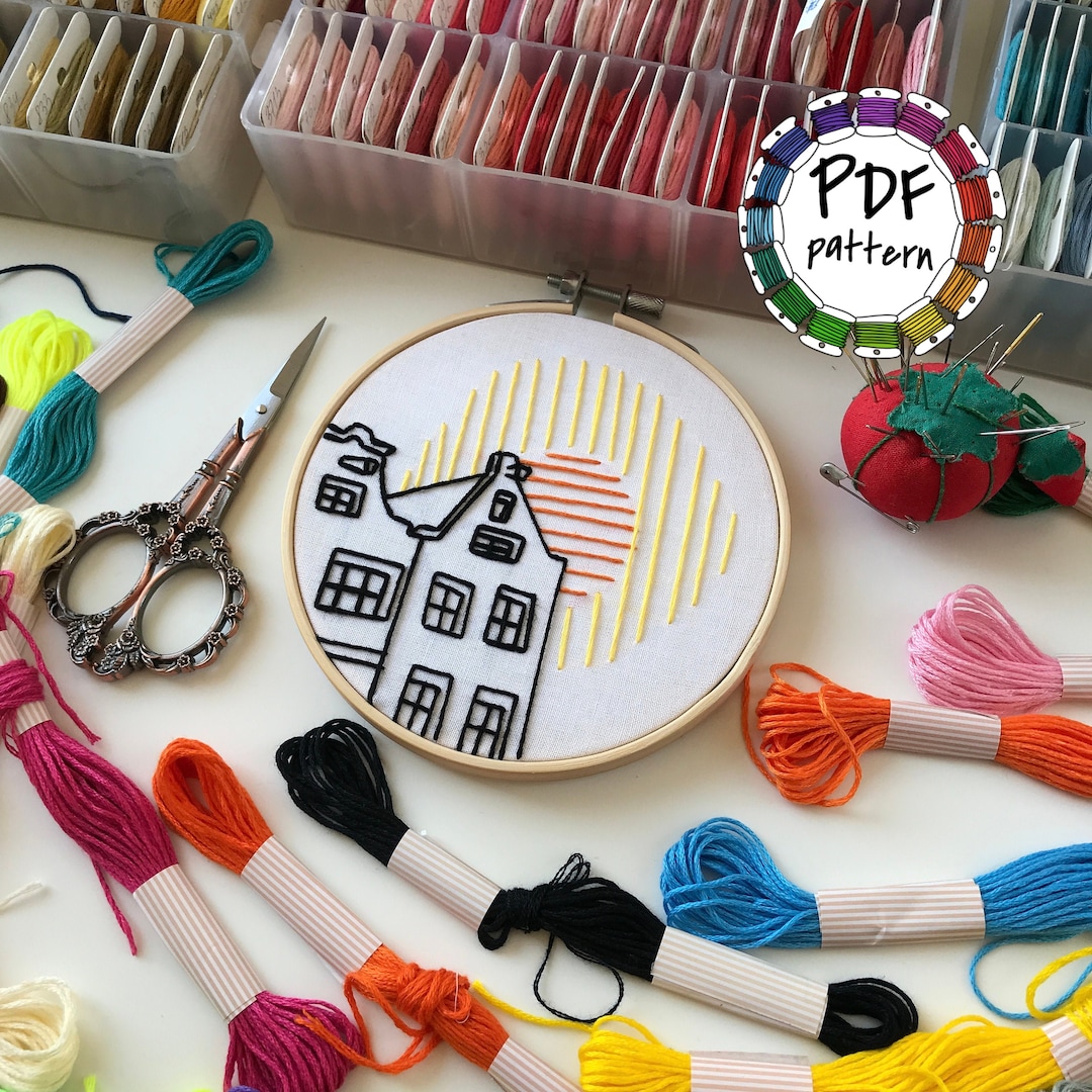 Houses and Sun. Architectural Hand Embroidery Pattern PDF for Beginners ...
