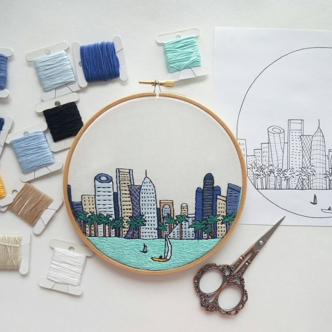 Doha Qatar Hand Embroidery Pattern PDF DIY Embroidery Hoop | Etsy