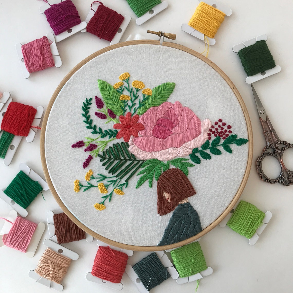 Girl and Flowers. Hand Embroidery Pattern PDF. DIY. Embroidery | Etsy