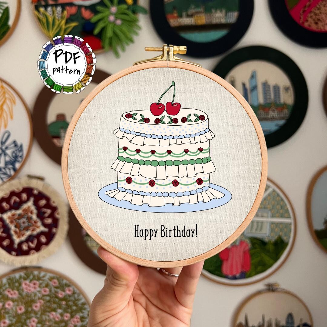 Cherry Ruffle Cake Embroidery Pattern: Whimsical Birthday Hoop Art (PDF ...