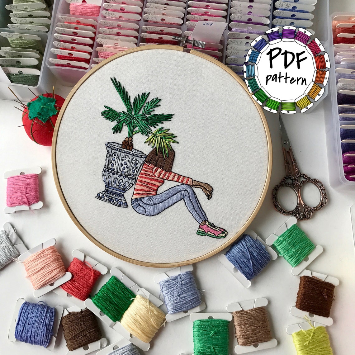 Girl and vase. Hand Embroidery pattern PDF. DIY. Embroidery | Etsy