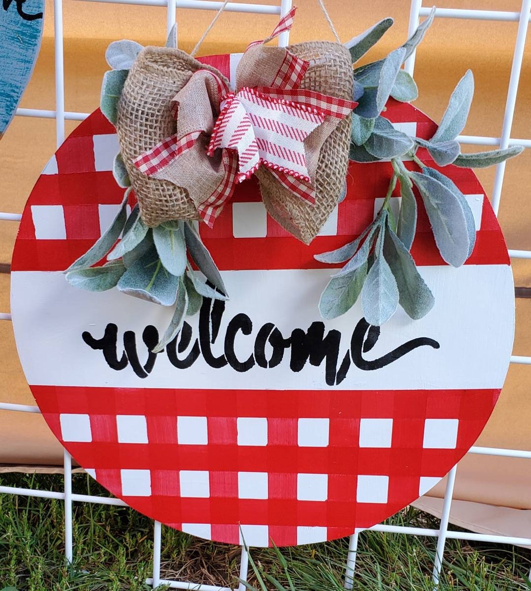 Welcome Red Buffalo Plaid Door Hanger, Welcome Red Buffalo Plaid Wreath ...