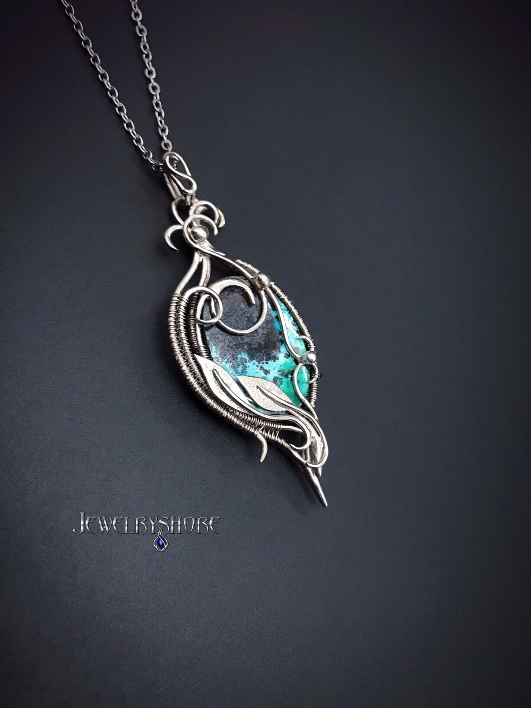 Silver Elven Floral Wire Wrapped Azurite Pendant Necklace Fantasy ...