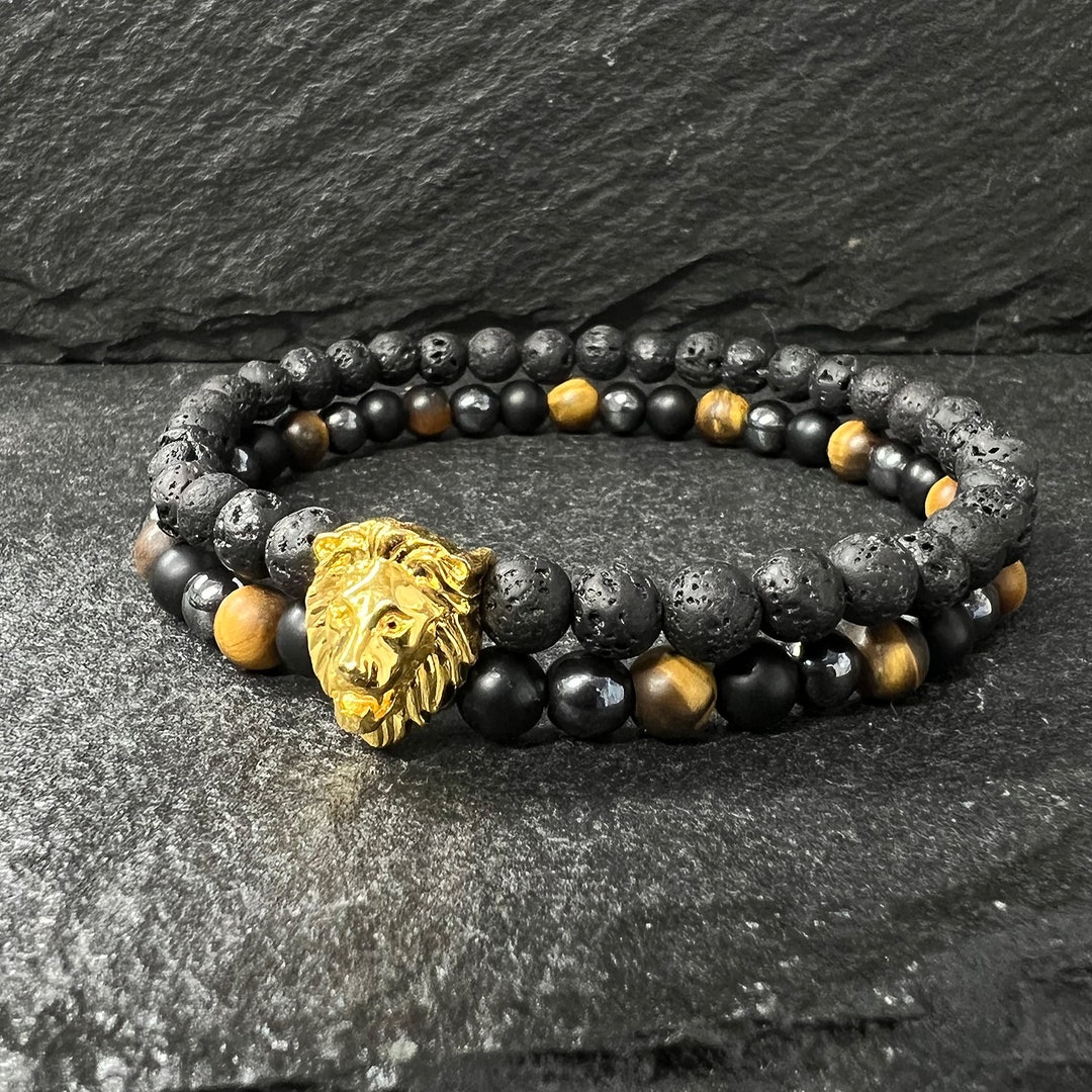 Lion Head Bracelet in 14k Gold Finish & Spiritual Healing Gemstones ...