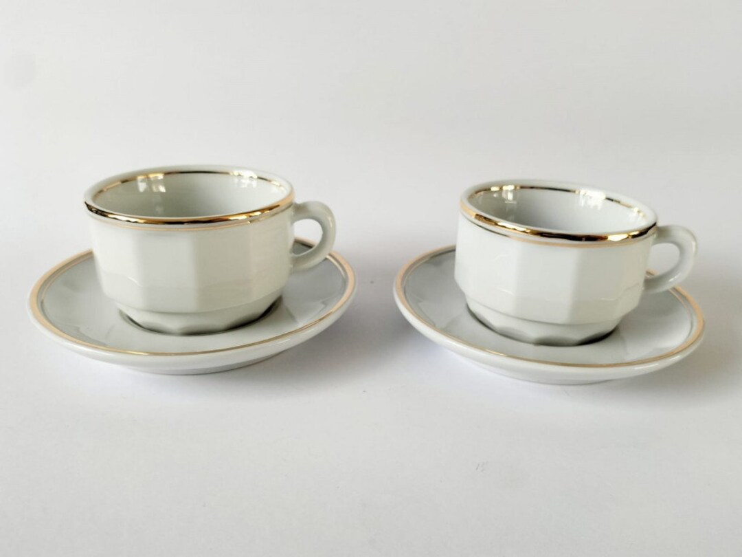 Two Apilco Coffee Cups and Saucers White and Gold Bistroware - Etsy