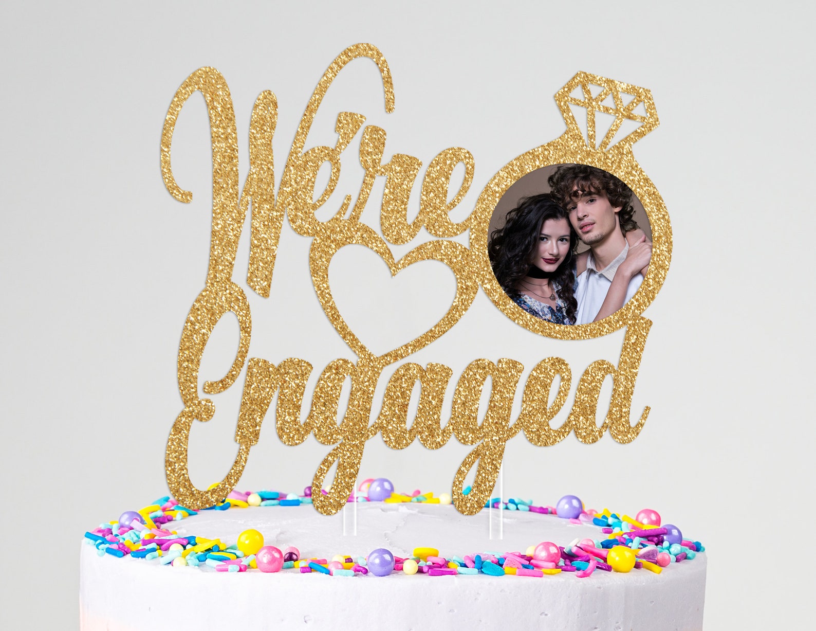 We're Engaged Custom Photo Cake Topper With Ring and Heart - Etsy