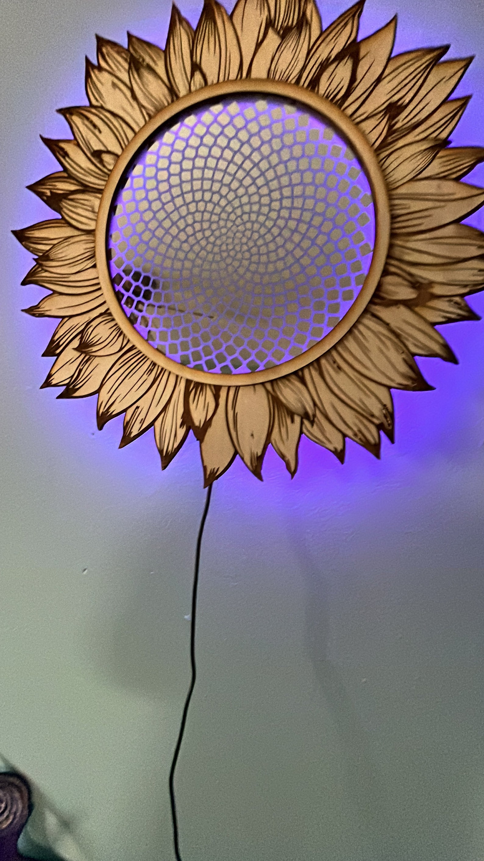 Sunflower Light With Remote - Engraved Birchwood Wall Art, Fibonacci ...