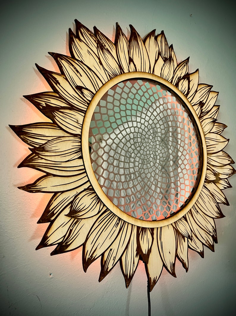 Sunflower Light With Remote - Engraved Birchwood Wall Art, Fibonacci ...