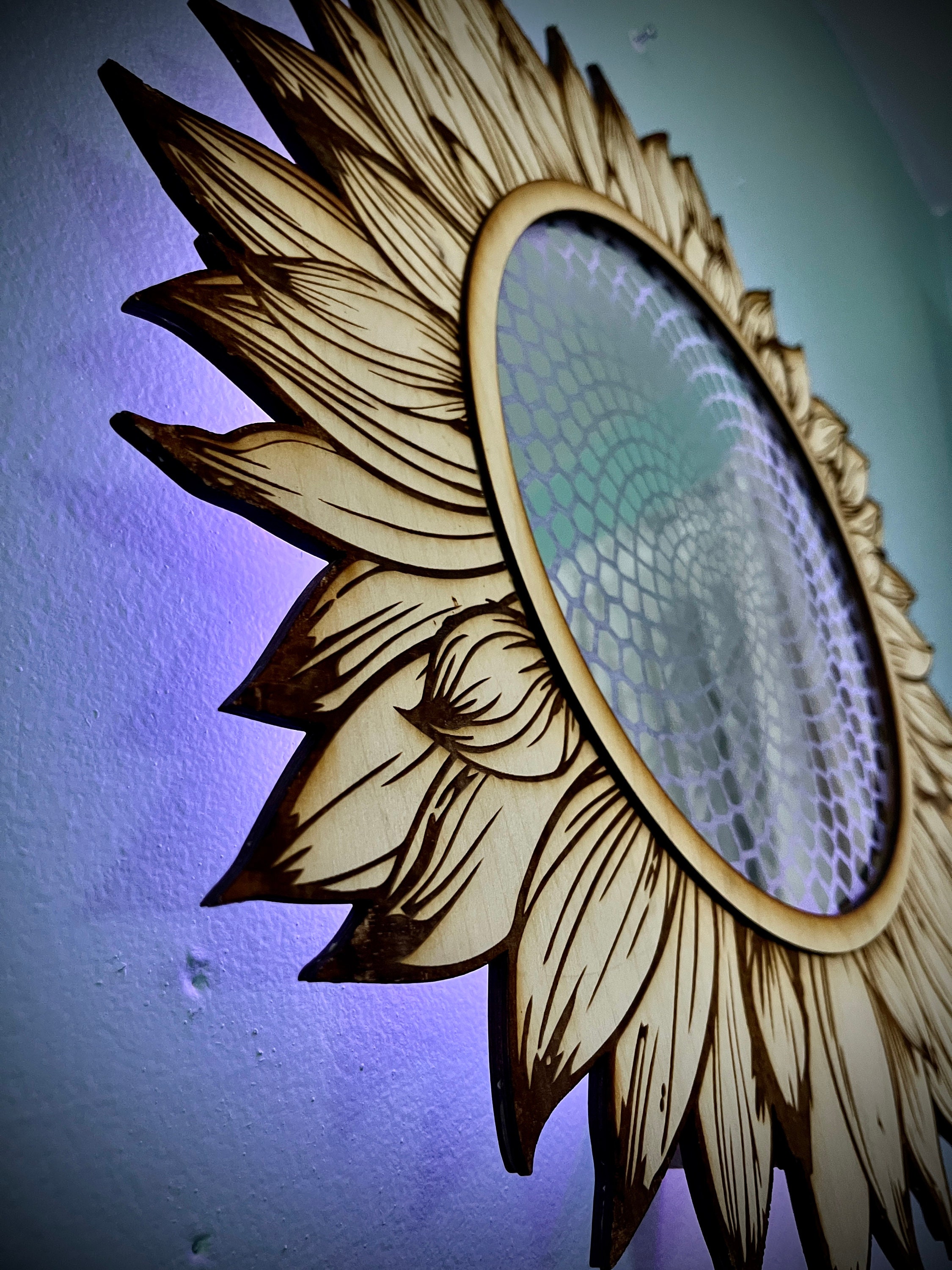 Sunflower Light With Remote - Engraved Birchwood Wall Art, Fibonacci ...