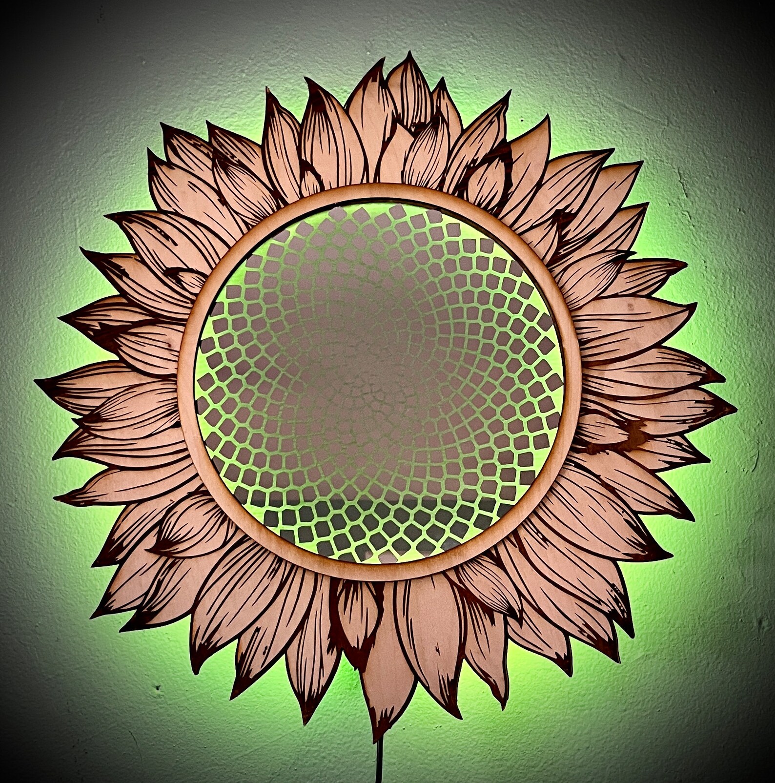 Sunflower Light With Remote - Engraved Birchwood Wall Art, Fibonacci ...
