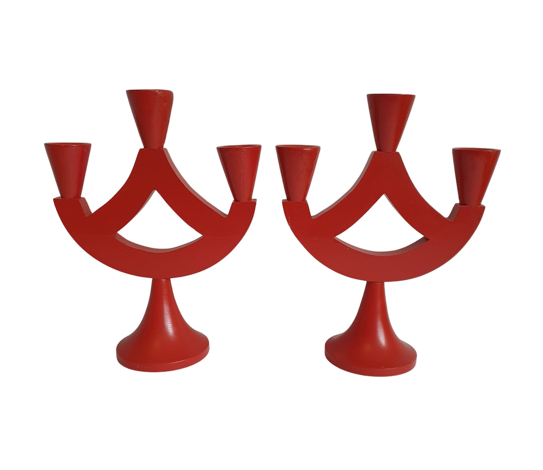 Vintage Swedish Red Wooden Candelabras pair - Etsy