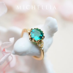 Evanthe Emerald Engagement Ring, Vintage Floral Lab Emerald Ring, Rose ...