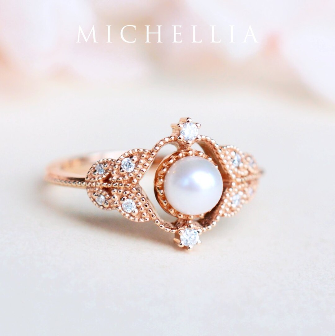 Adeline Pearl Engagement Ring, Vintage Rose Akoya Pearl Ring, Floral ...
