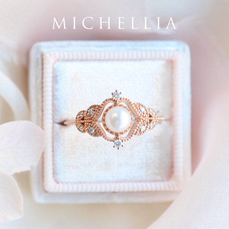 Adeline Pearl Engagement Ring, Vintage Rose Akoya Pearl Ring, Floral ...