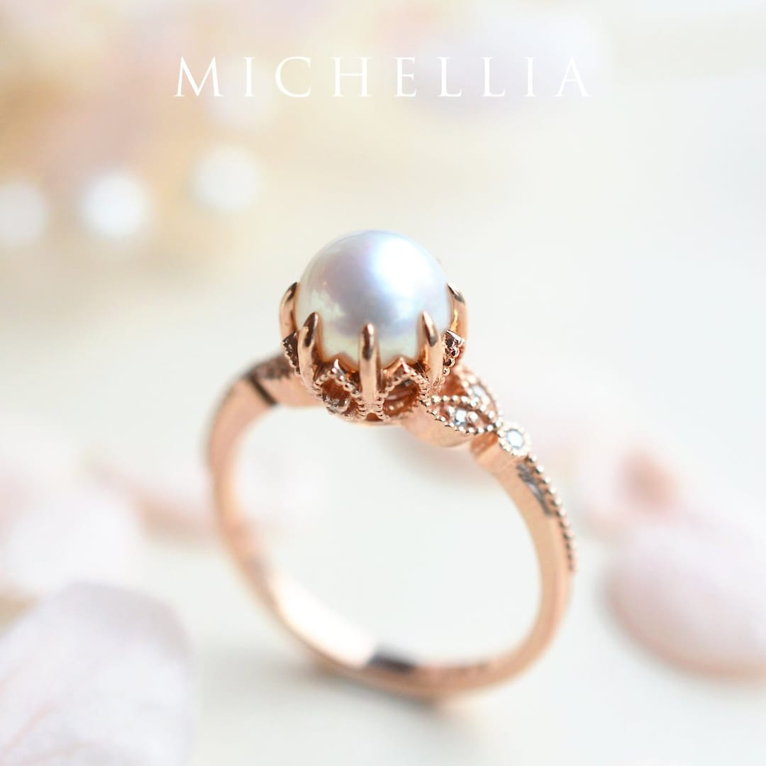 Evanthe Pearl Engagement Ring, Vintage Floral Akoya Pearl Ring, Rose ...