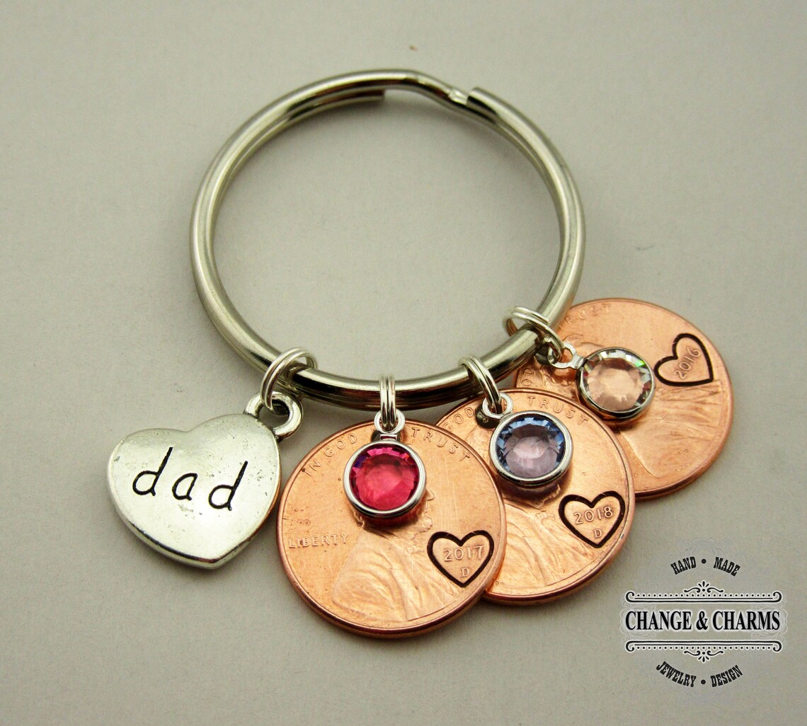 Dad Penny Keychain With Birthstones Fathers Day Keychain - Etsy